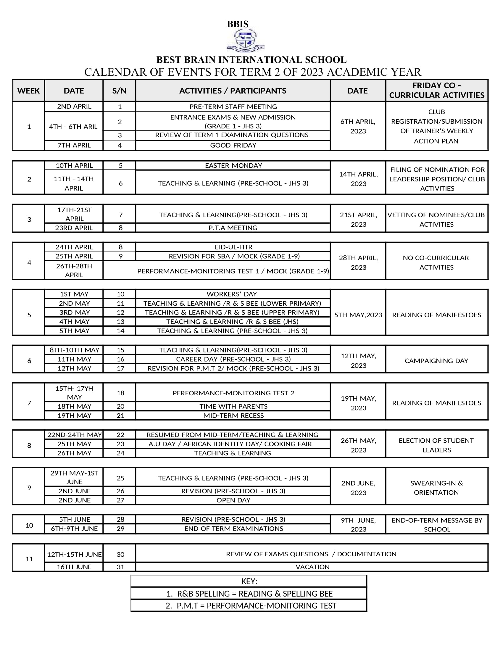 Academic Calendar – Best Brain International School