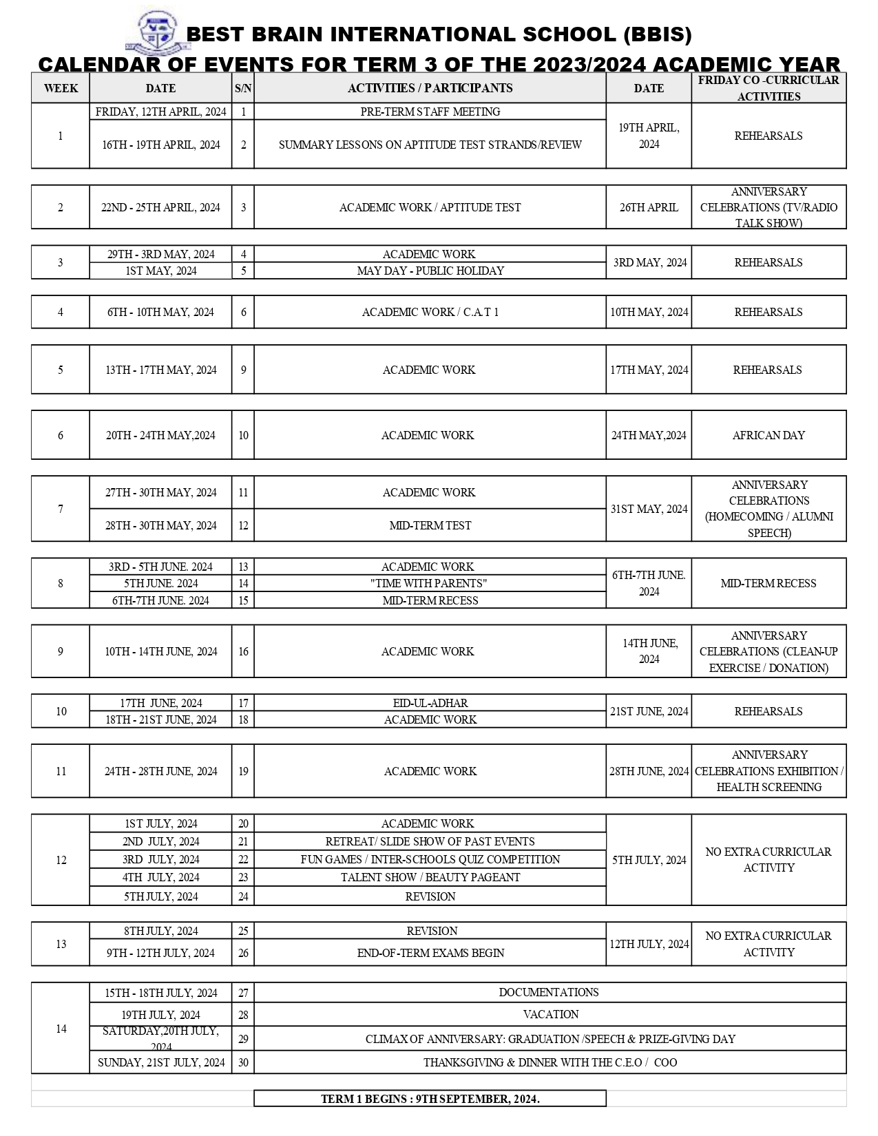 Academic Calendar – Best Brain International School